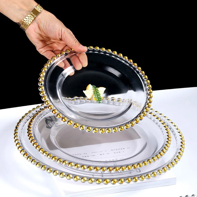 Golden-Beads-Round-Glass-Plate-Art-Dessert-Fruit-Plate-Wedding-Display ...