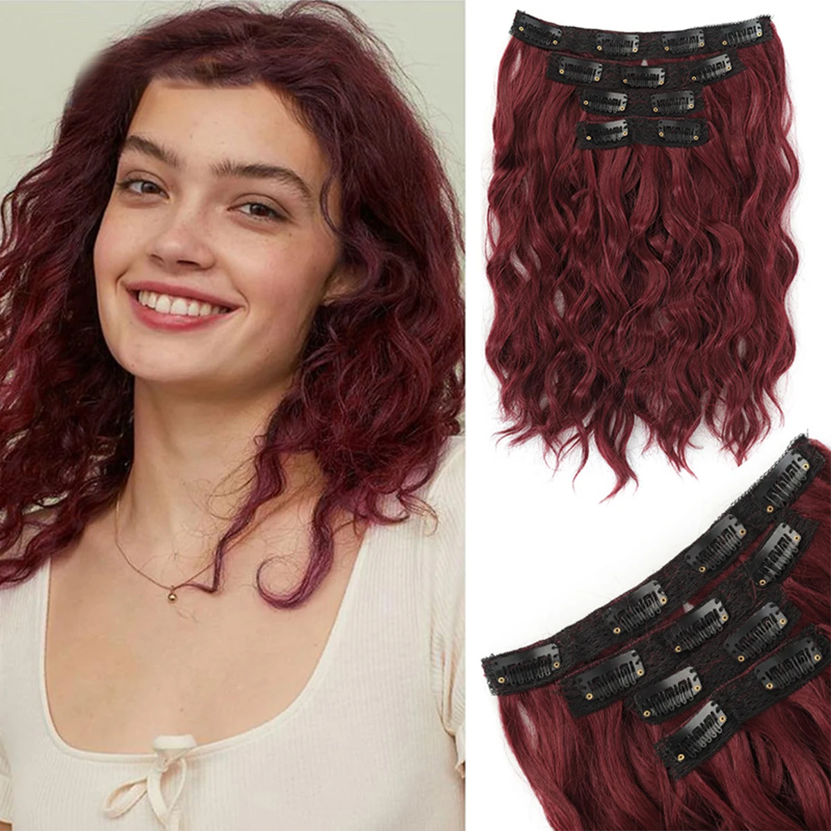 short curly Synthetic Burgundy 4-piece set of water ripple hair ...