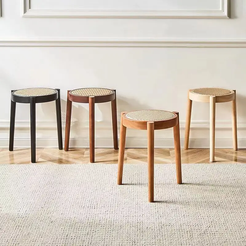 Nordic-Solid-Wood-Rattan-Woven-Circular-Stool-Makeup-Low-Stool-Luxury ...