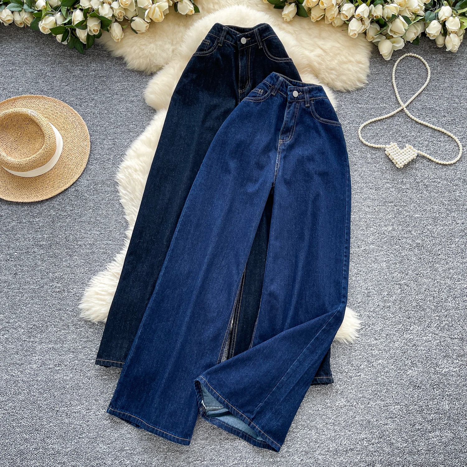 Women's Deep Blue Denim Pants High Waist Solid Wide Leg Jeans Female ...