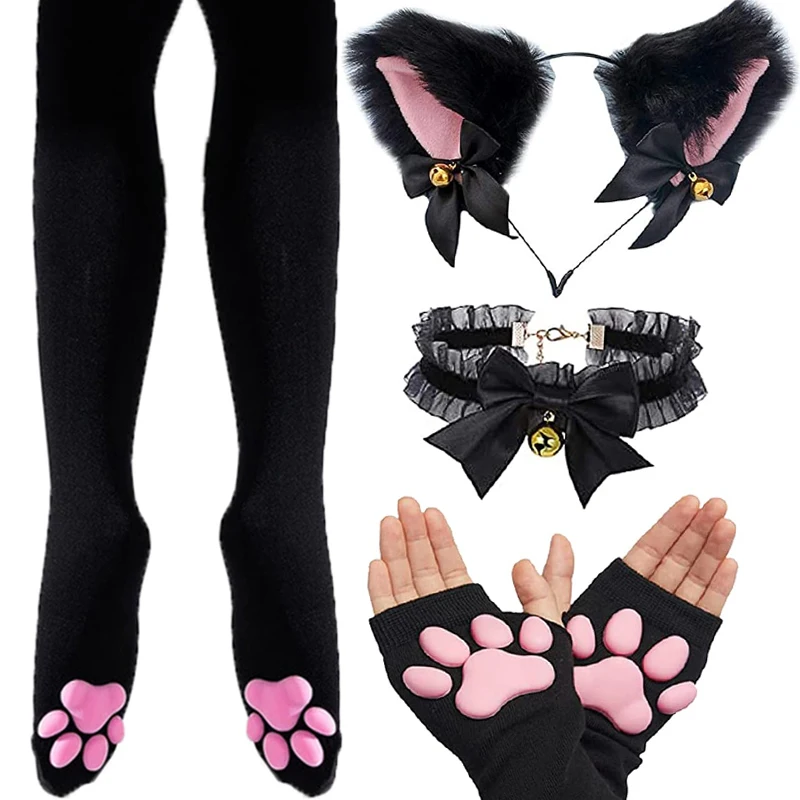 Cat-Paw-Thigh-High-Socks-Golves-Set-Sleeves-Cute-Soft-3D-Toe-Beans ...