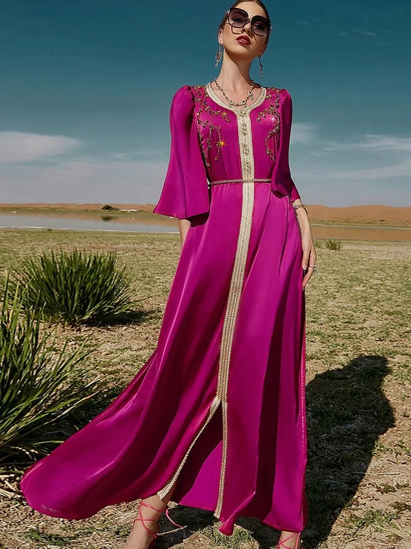 Rhinestone-Arabic-Kaftan-Women-Moroccan-Party-Caftan-Satin-Braid-Trim ...