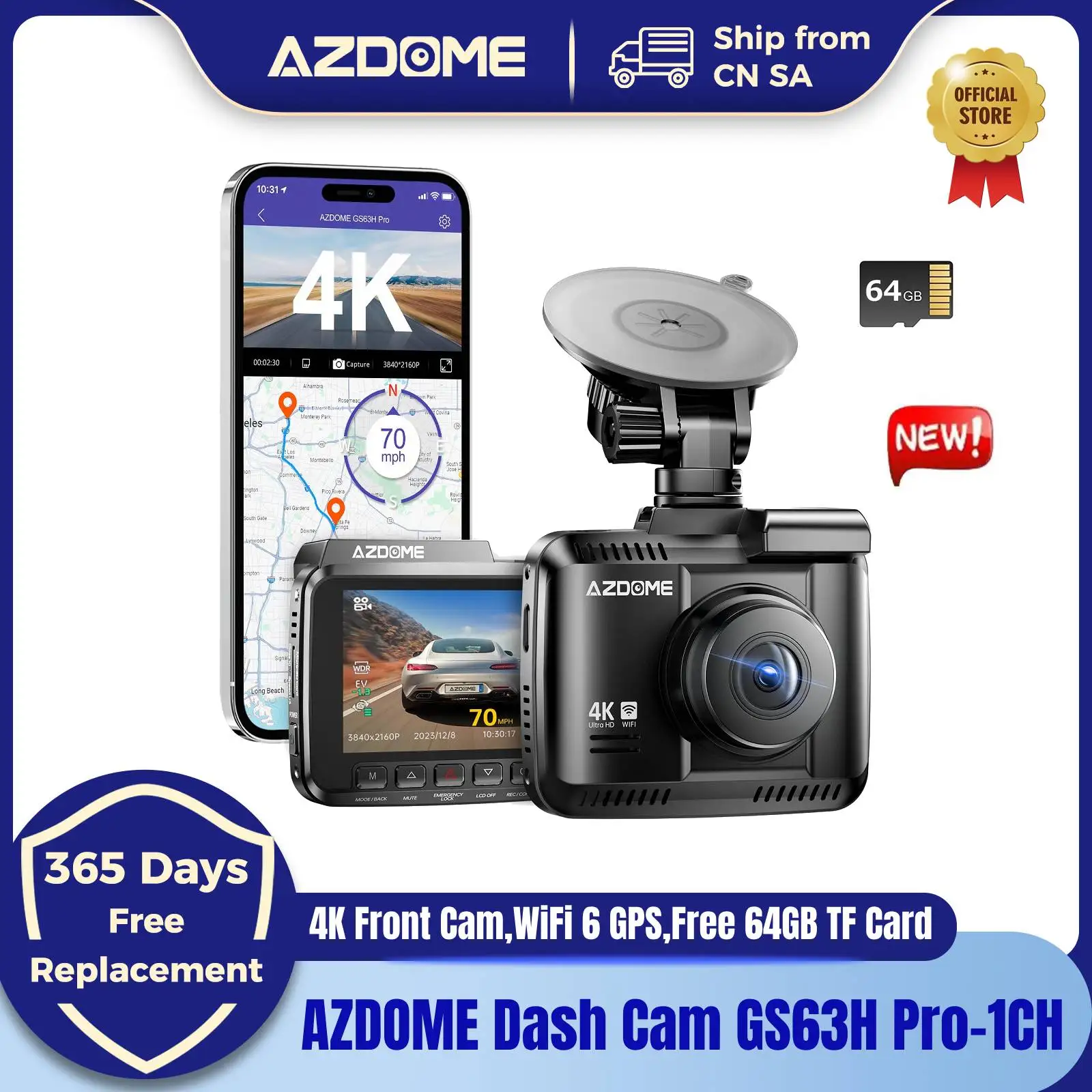 AZDOME-Dash-Cam-GS63H-Pro-1CH-4K-Built-in-WiFi-6-GPS-Camera-AZDOME-Car ...