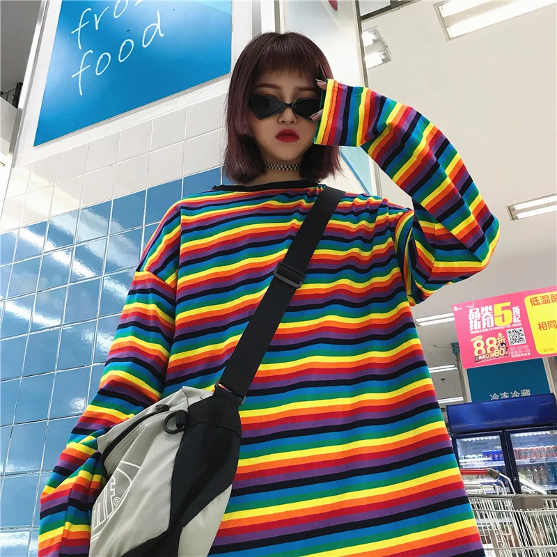 Woman-T-Shirt-Rainbow-Stripe-Autumn-Harajuku-Shirt-Long-Sleeve-Plus ...