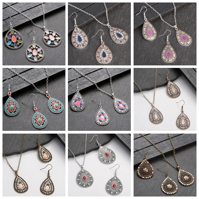 Boho Colorful Beaded Water Drop Necklace Set for Women Vintage Flower ...