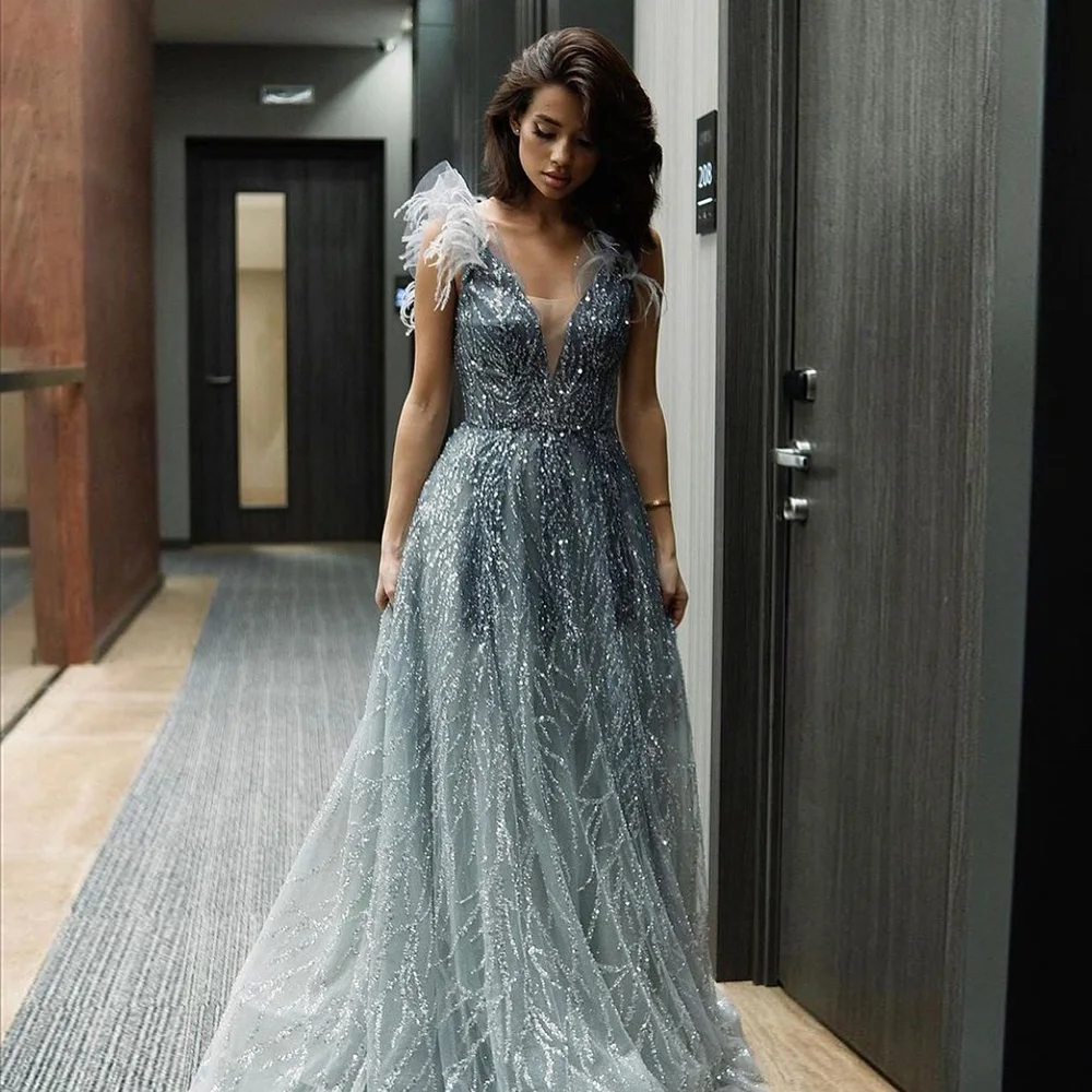 Sharon Said Luxury Dubai Feathers Evening Dresses 2023 Sexy V Neck ...