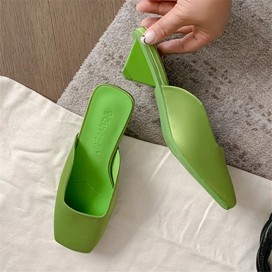 Green-Satin-Women-Half-Slippers-Square-Toe-Triangle-Heel-Prom-Dres ...