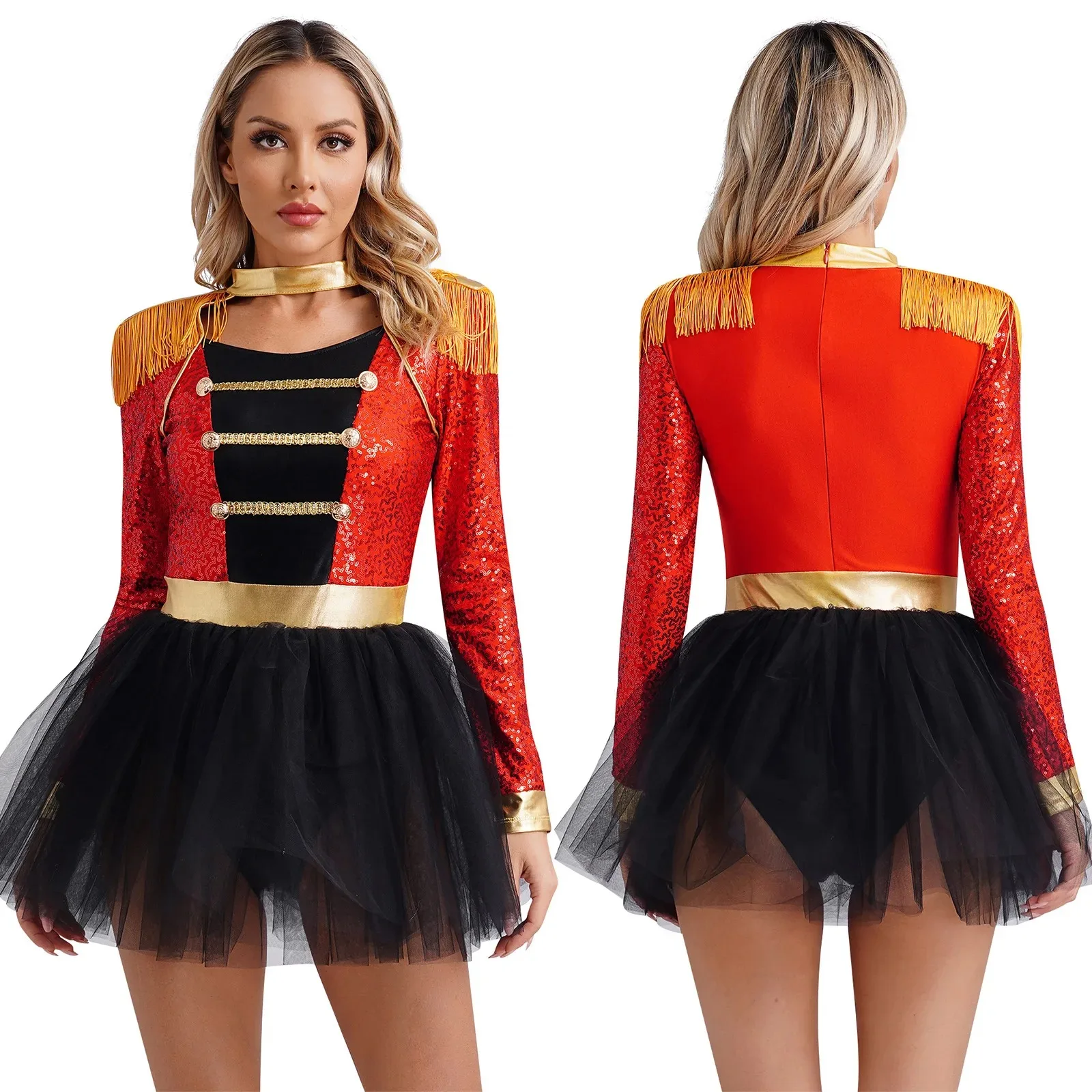 Women Circus Ringmaster Cosplay Costume Long Sleeve Fringe Bodysuit ...