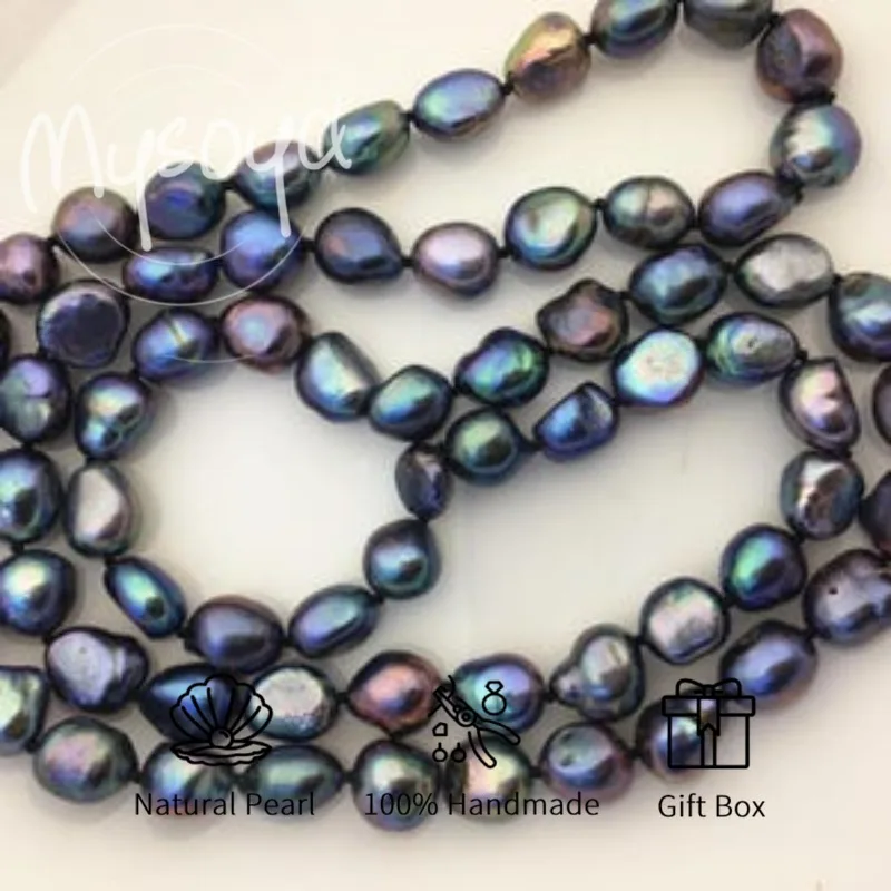 MYSOYA Black Color Baroque Freshwater Pearl Long Necklace 8-9mm With ...