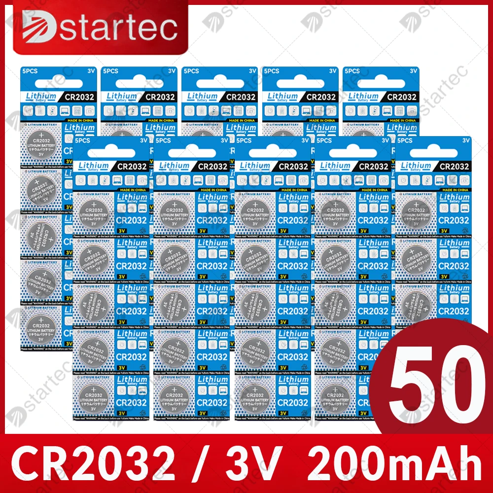 50PCS DStartec 200mAh CR2032 Battery; 3V Lithium Coin Cell CR 2032 ...