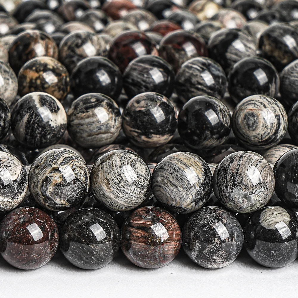 Natural-Black-Silver-Leaf-Jasper-Beads-Strands-Gray-Brown-Round-Loose ...