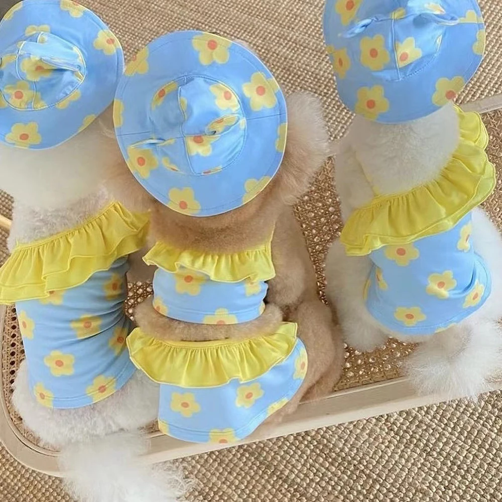 Beach-Dress-and-Cap-2Pcs-Set-Summer-Dog-Clothes-Cute-Print-Pet-Swimsuit ...