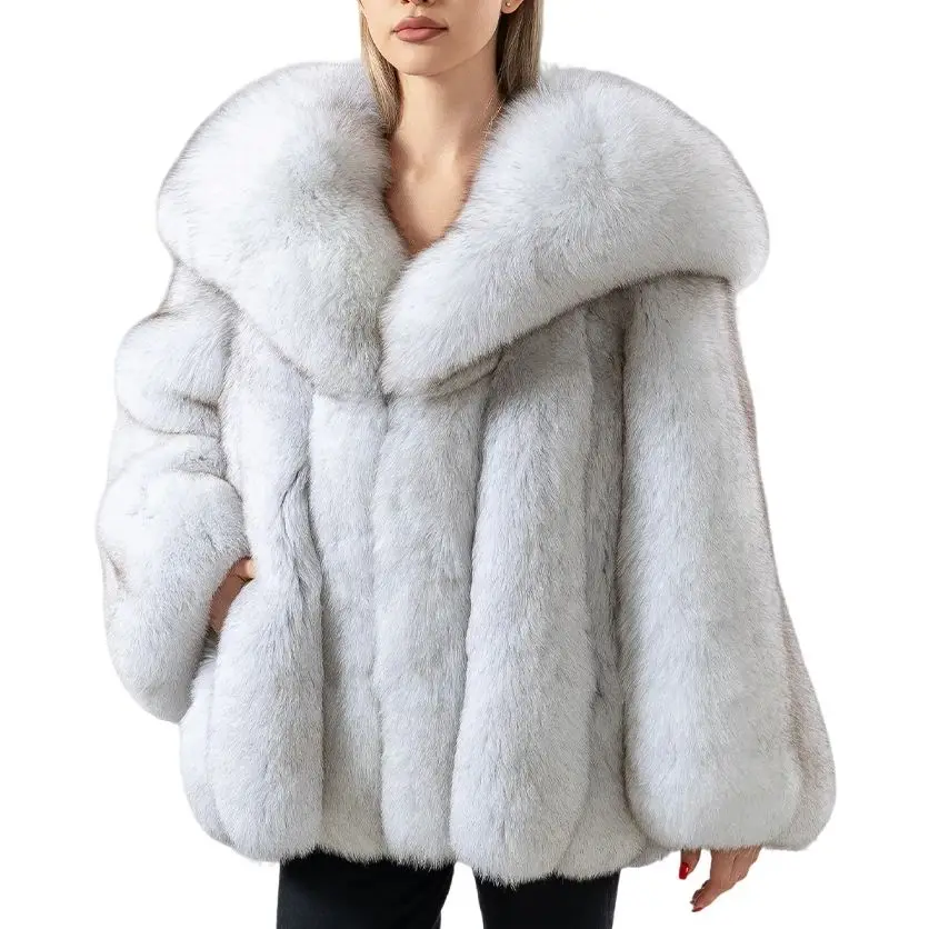 Lady natural blue fox fur coat with big blue fox fur collar full-pelt ...