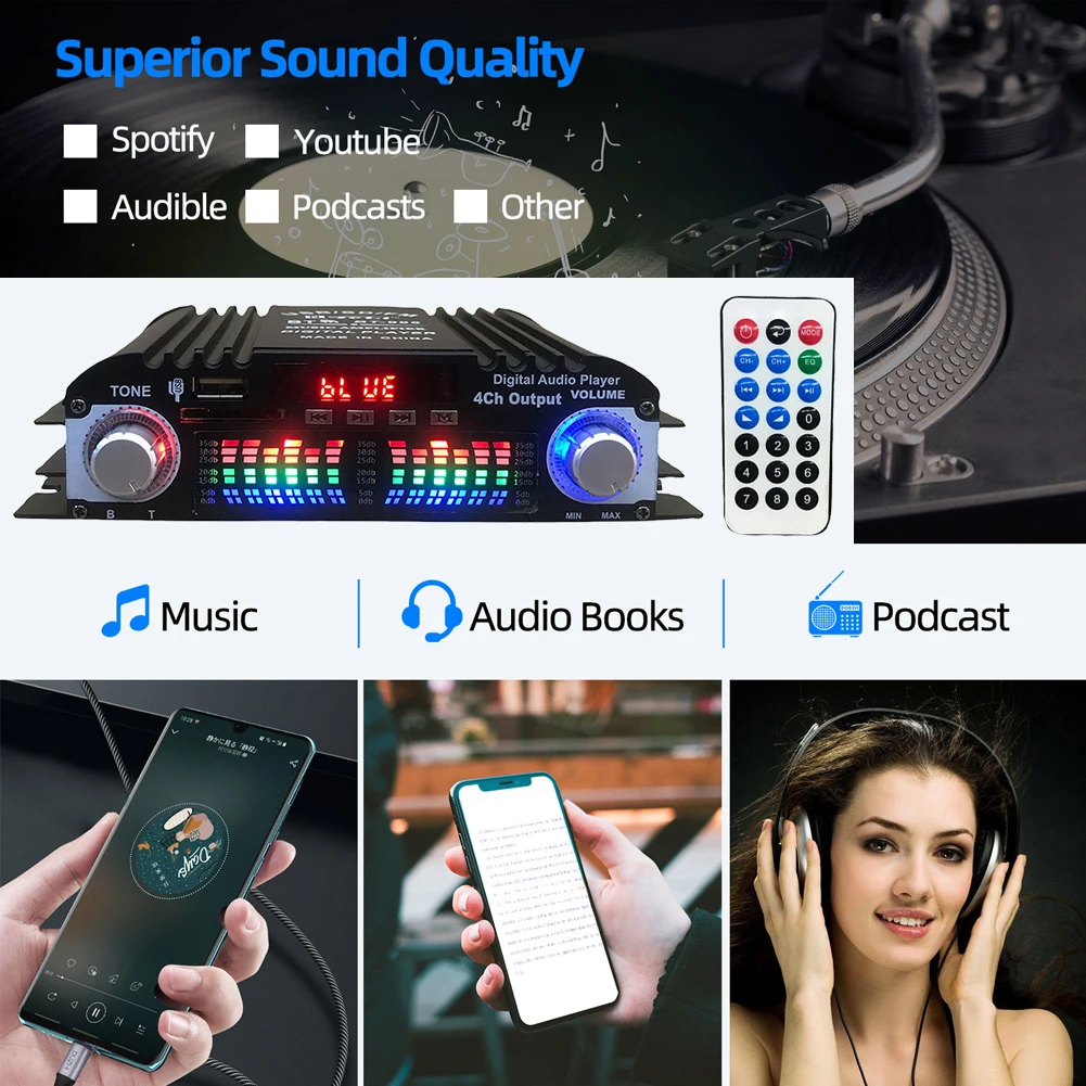 1600W Peak Power Digital 4 Channel Audio Amplifier HiFi Sound Amplifier ...