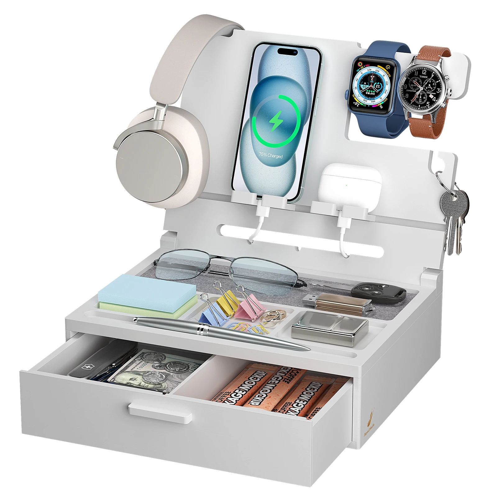 Bamboo Nightstand Charging Organizer with Drawer Foldable Phone Docking ...