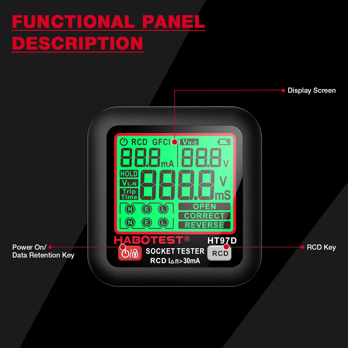 HABOTEST Digital Socket Tester HT97, smart voltage detector RCD GFCI ...