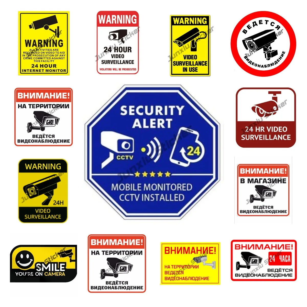 Video-Surveillance-Vinyl-Decal-Sticker-Warning-PVC-sticker-Camera-Alarm ...