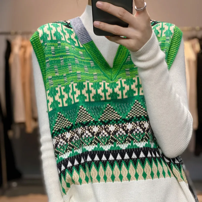 Autumn new vintage jacquard matching color V-neck sleeveless sweater ...