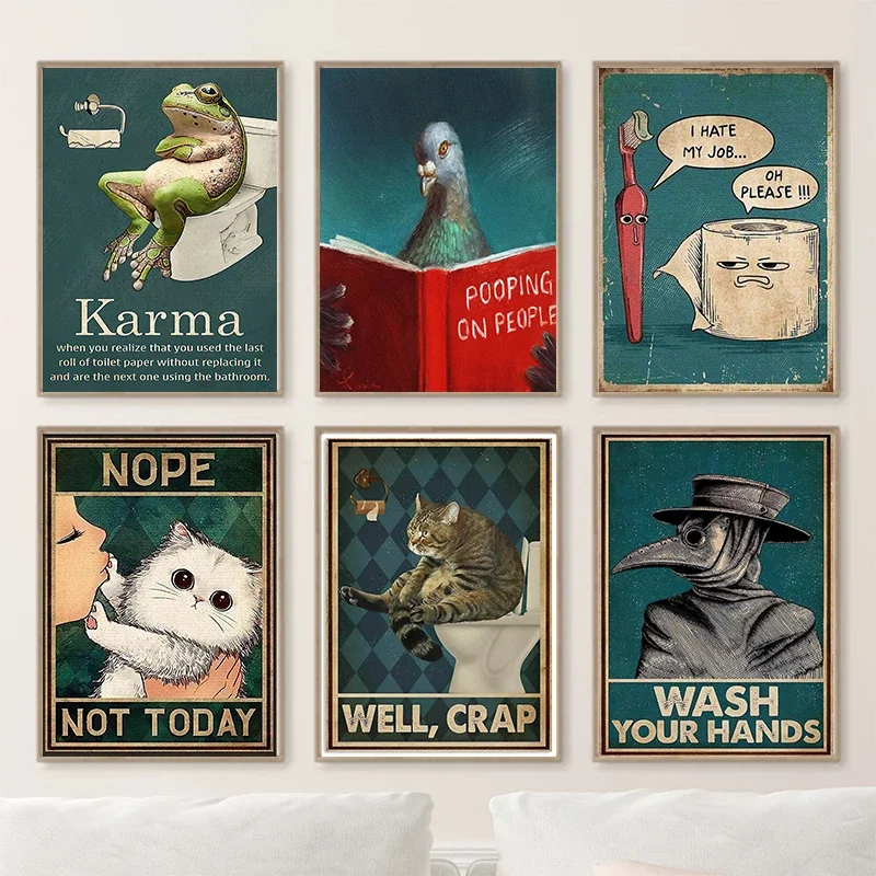 Funny-Bathroom-Art-Poster-Print-Frog-Pigeon-Cat-Roll-Paper-Canvas ...