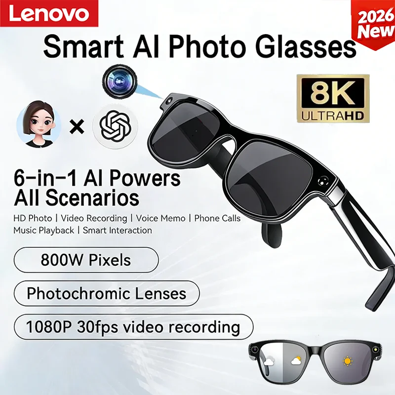 Lenvo 2026 New 8K Bluetooth AI Glasses 1200MP HD Camera Chat GPT Voice ...