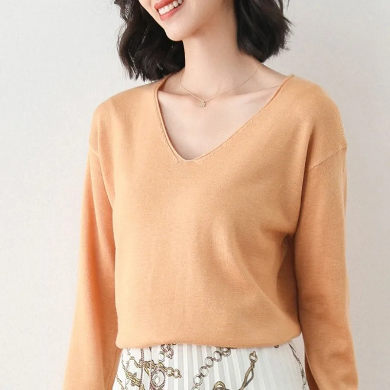 Autumn-and-Winter-Women-s-Pullover-Ruffled-V-Neck-Solid-Thread-Long ...