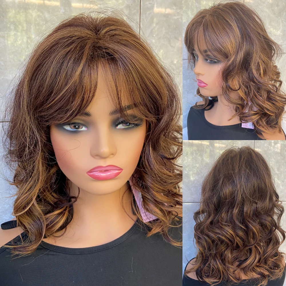 Fashiomag Wavy Natural Brown Mix Synthetic Hair Wigs With Bangs Women ...