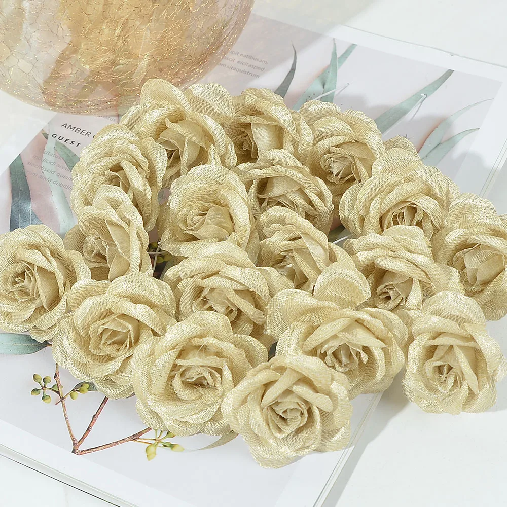 30/100Pcs 4cm Mini Silk Gold Artificial Rose Flowers Heads Decorative ...