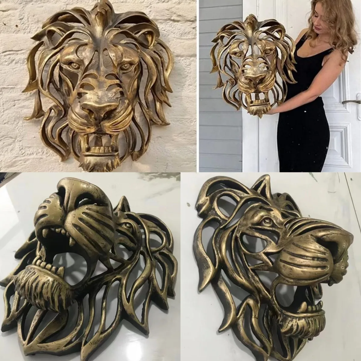 Lion-Head-Shape-Wall-Mounted-Art-Sculpture-Gold-Resin-Luxury-Animal ...