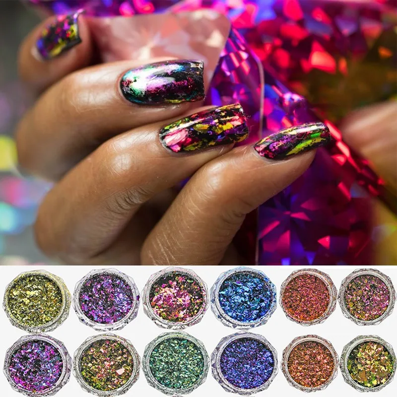 12 Jars/lot Chameleon Nail Flakes Irregular Uv Gel Polish Nail Sequins Palliette Chrome Pigment ...