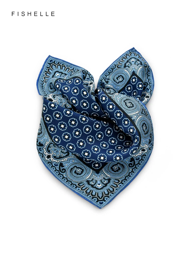 Dark blue light blue printed natural silk twill scarf headscarf ...