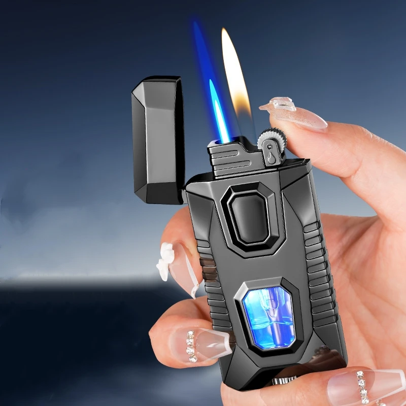 New Metal Windproof Double Jet Flame Butane Gas Lighter Transparent Oil ...
