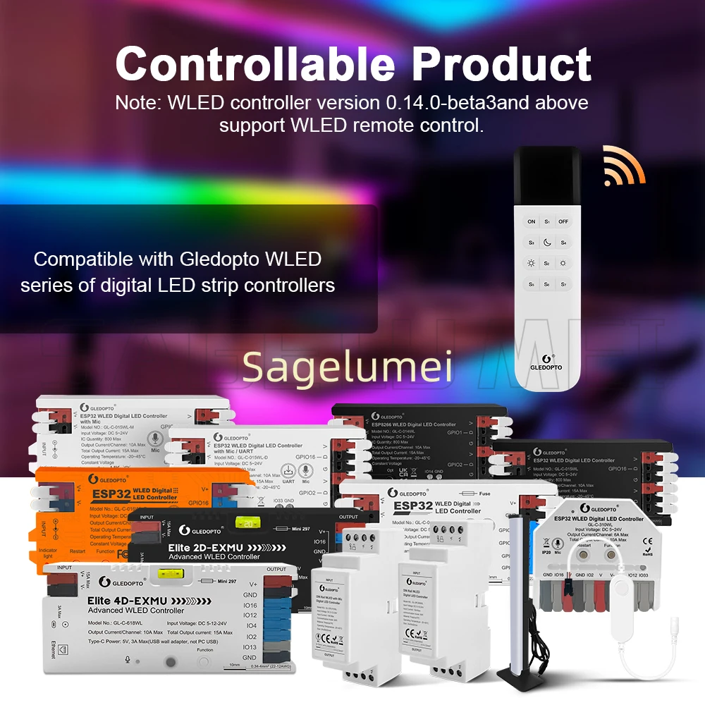 GLEDOPTO WLED Remote Control ESP Now 7 Group Preset Scenes 2.4GHz WiFi ...