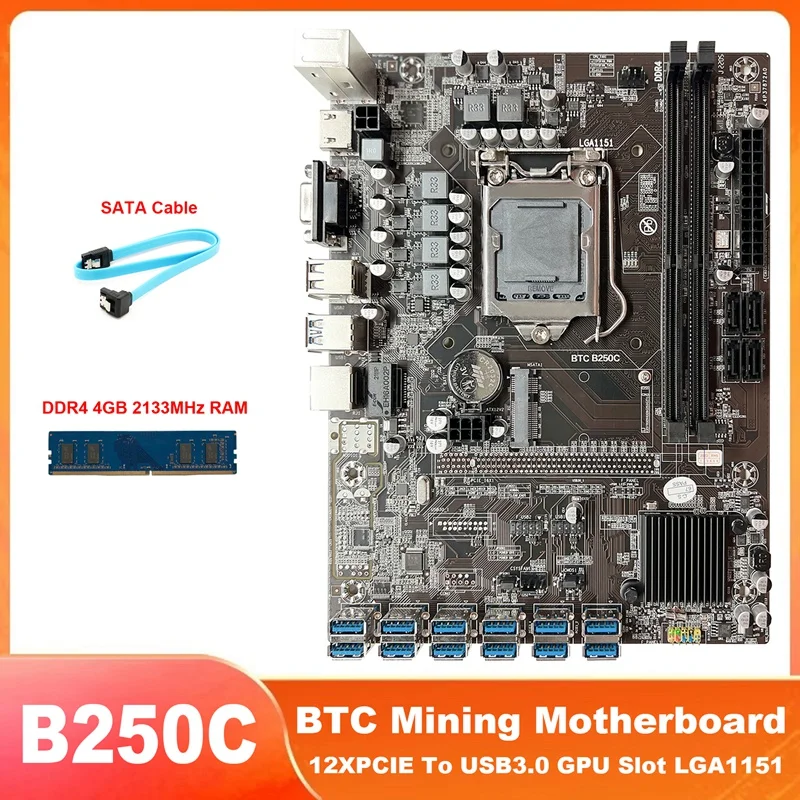 B250C BTC Mining Motherboard 12X PCIE To USB3.0 GPU Slot LGA1151 Miner ...