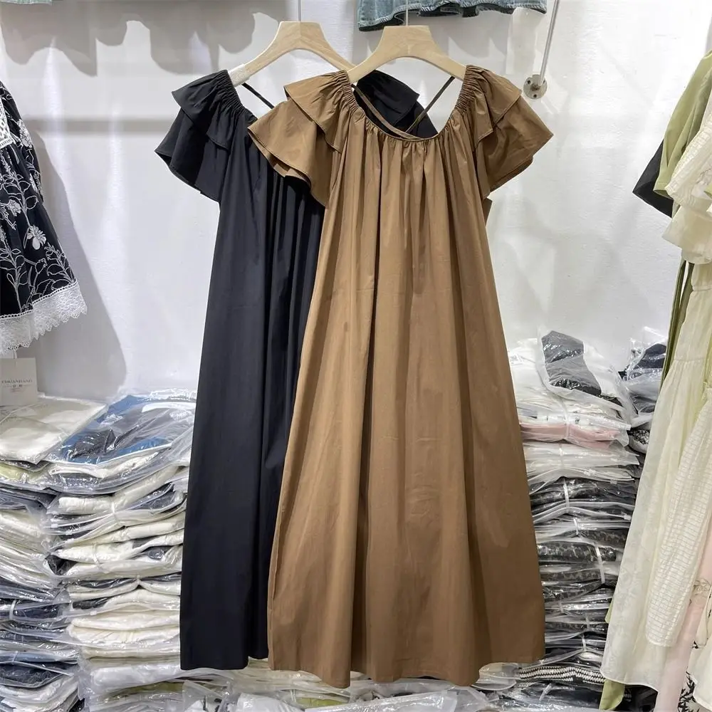 2024-Women-Summer-New-French-Loose-Off-shoulder-Dress-Female-Solid ...