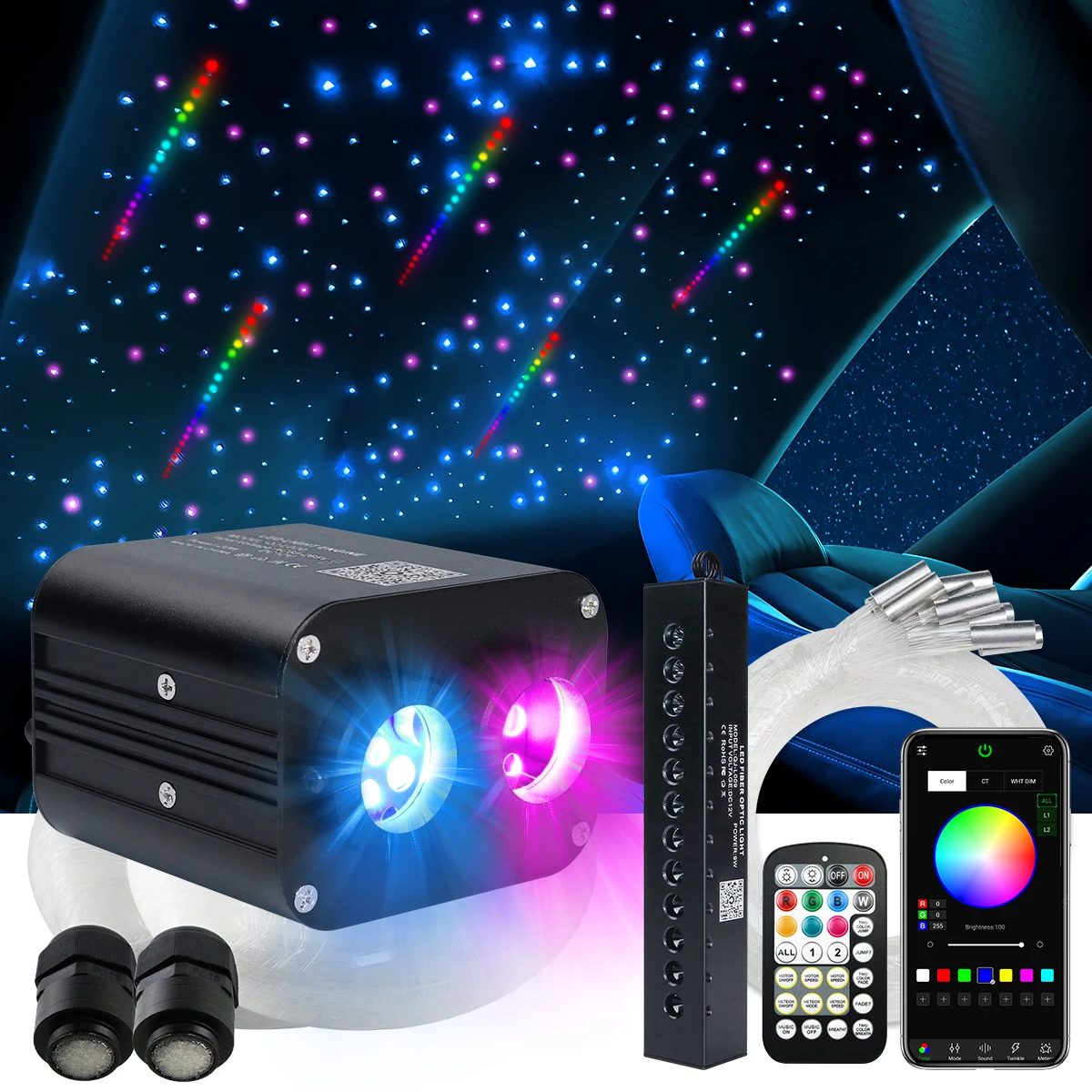 20W Twinkle Car Roof Star Light with RGB Meteor Music APP Control Fiber ...