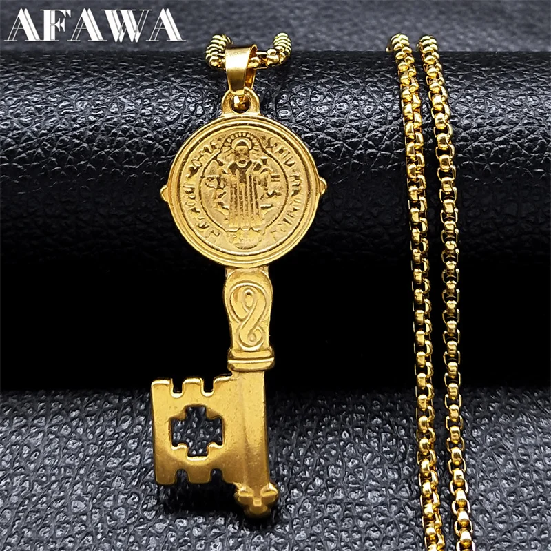 Catholic Saint Benedict Medal Key Necklace Stainless Steel Gold Color ...