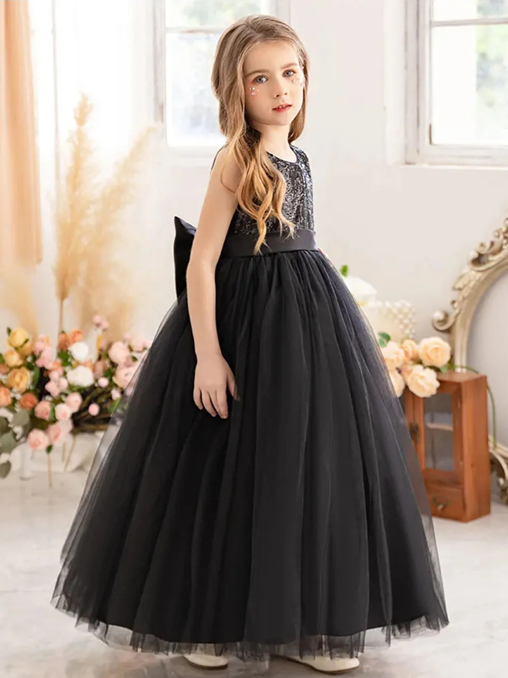 Simple Black Sequins Sleeveless Tulle Puffy With Bow Flower Girl Dress For Wedding Kids Birthday ...