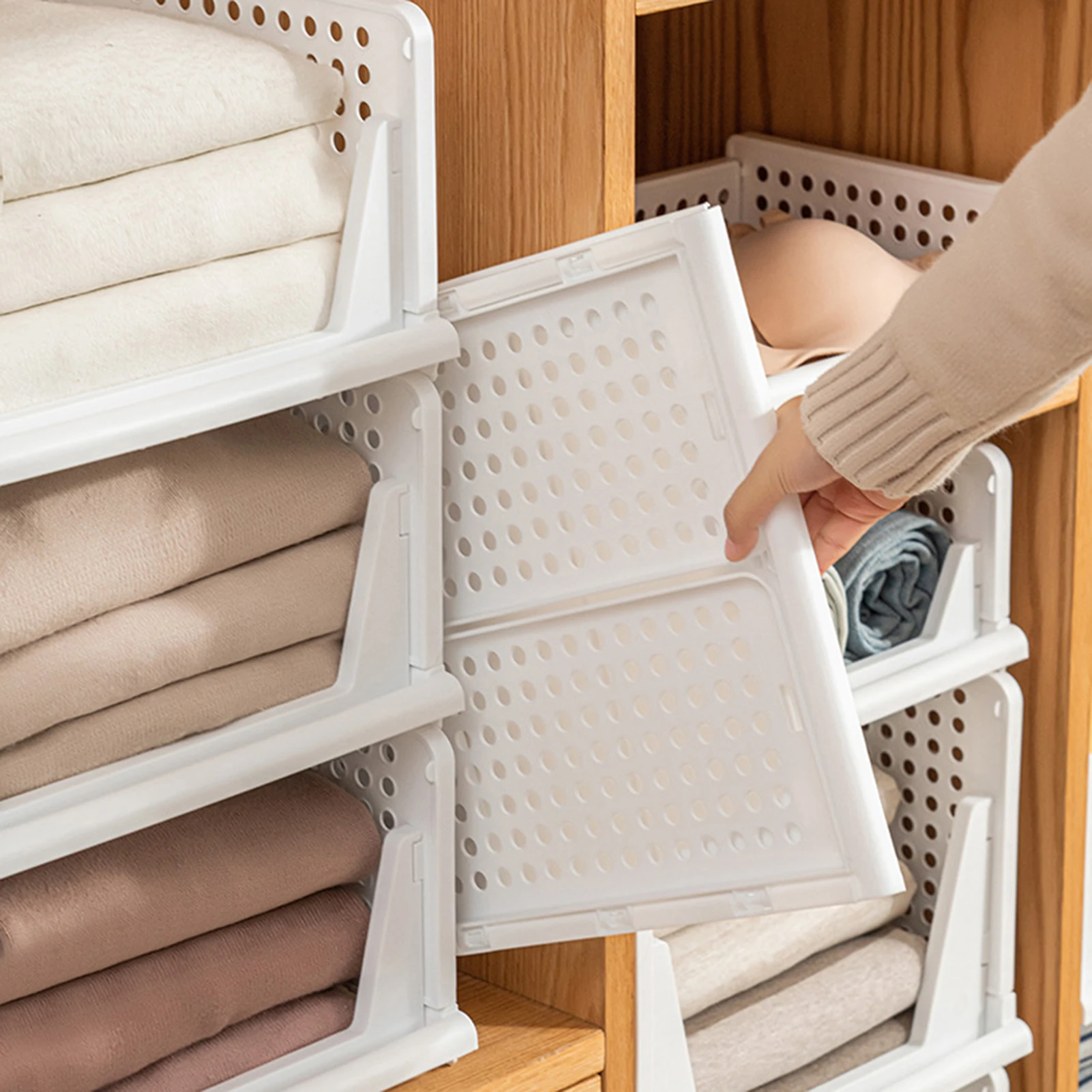 Stackable Clothing Storage Basket Wardrobe Organizer Foldable Clothes ...