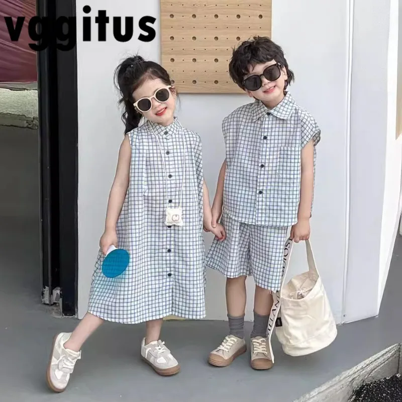 Summer Sibling Outfits Girls Blue Checkered Sleeveless Dress Boys Short ...