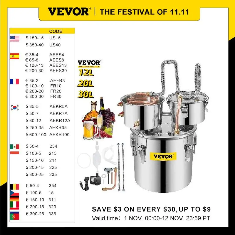 VEVOR 12L 20L 30L Alcohol Distiller Machine Beer Brewing Equipment DIY ...