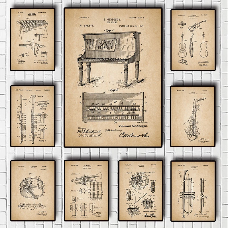 Musical instrument blueprint poster piano stand drum accordion canvas ...