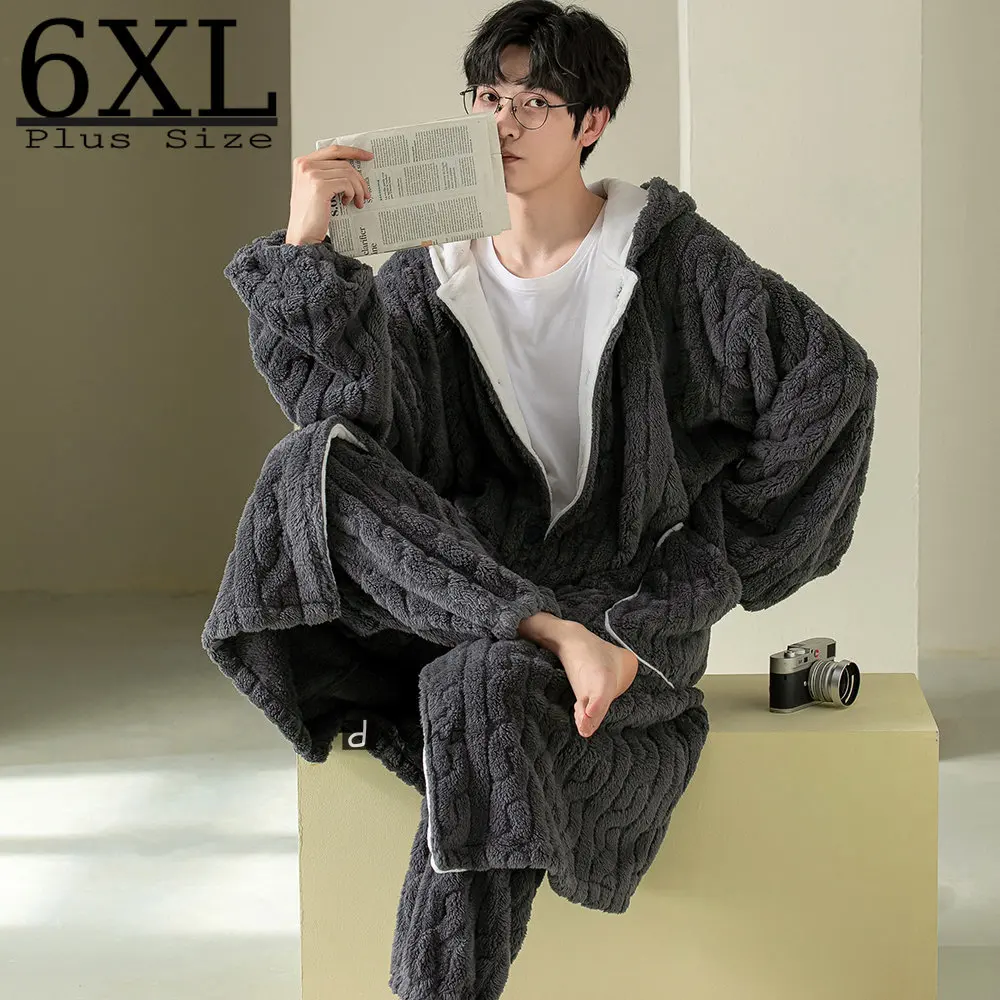 Men's Coral Fleece Hooded Bathrobe Robe Set Winter Soft Warm Sleepwear ...