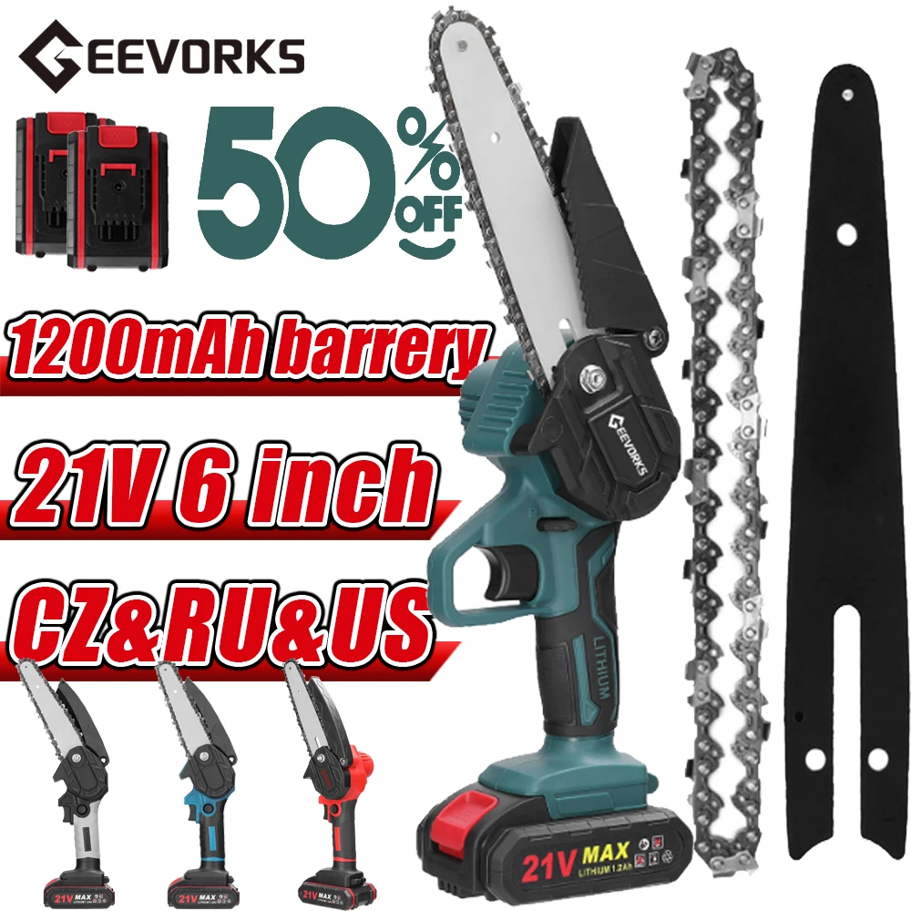 21V 6 Inch Electric Chainsaw Cordless Mini Handheld Pruning Saw Portable Electric Saw 2 Battery ...