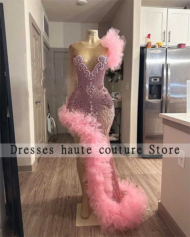 Vestidos-de-baile-rosa-de-um-ombro-para-menina-negra-Ruffles-de-cristal ...