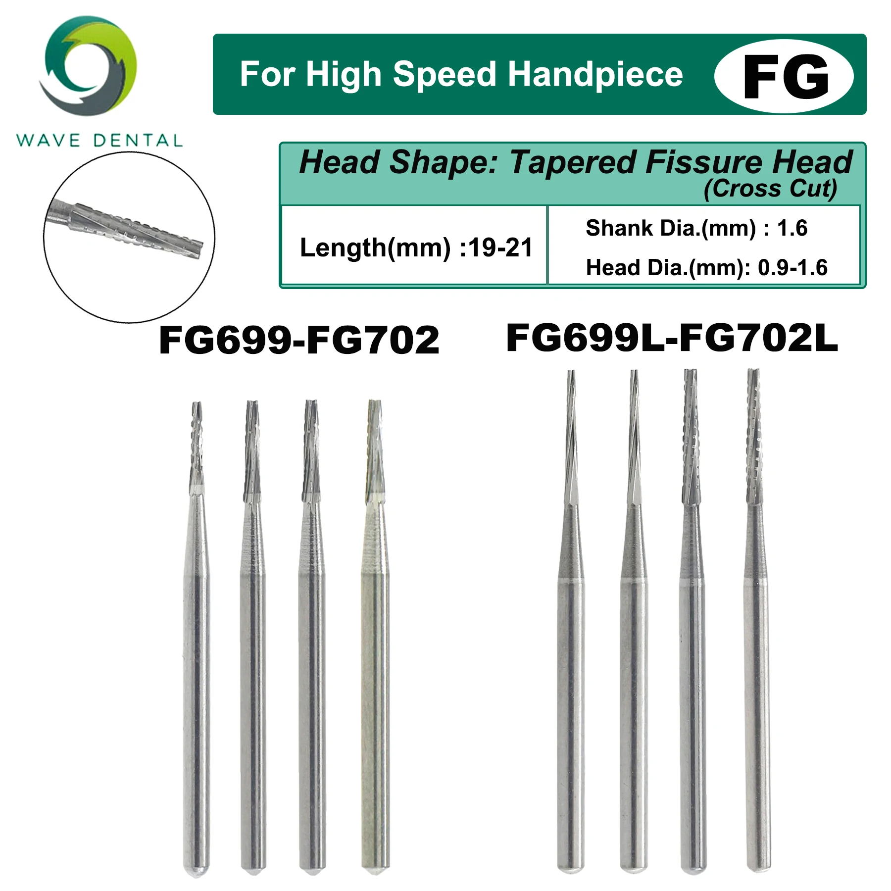 PRIMA-WAVE-Dental-Carbide-Burs-Tapered-Fissure-Cross-Cut-Head-FG ...