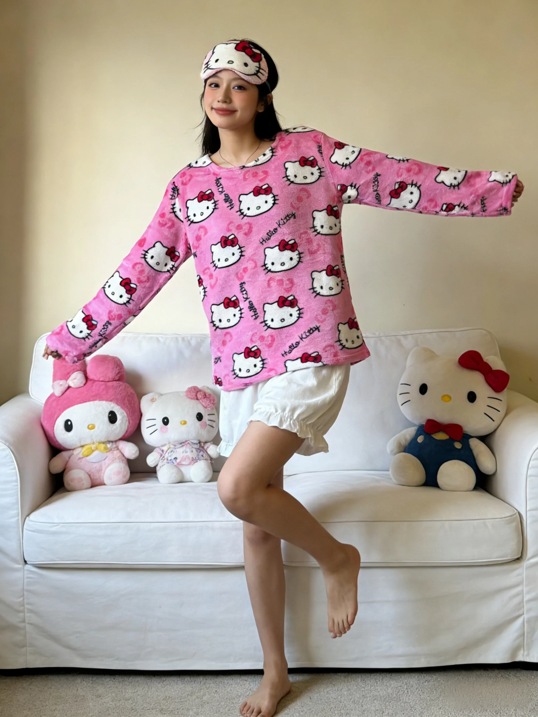Hello Kitty Flannel Pajamas, Pink Warm Outfit, Y2K Bestie Matching Set ...