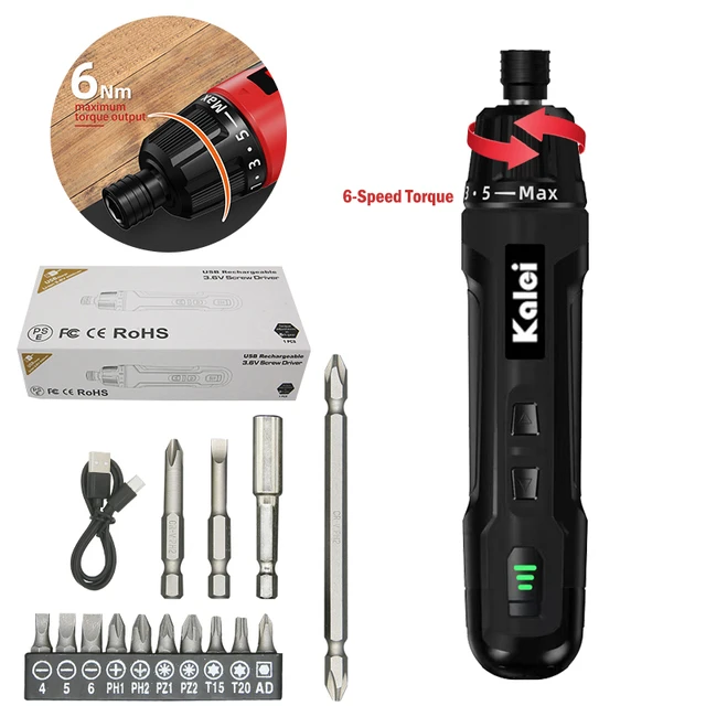 6-Speed Torque Cordless Electric Screwdriver 2000mAh Lithium Battery ...