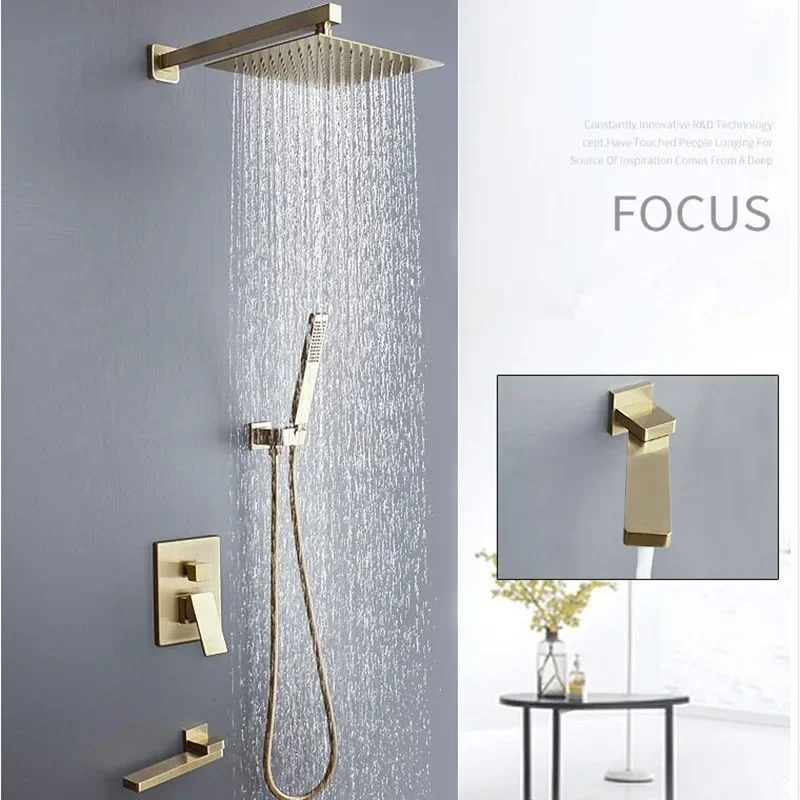Brushed-Gold-Bathroom-Shower-Set-Square-Rainfall-Faucet-Wall-or-Ceiling ...