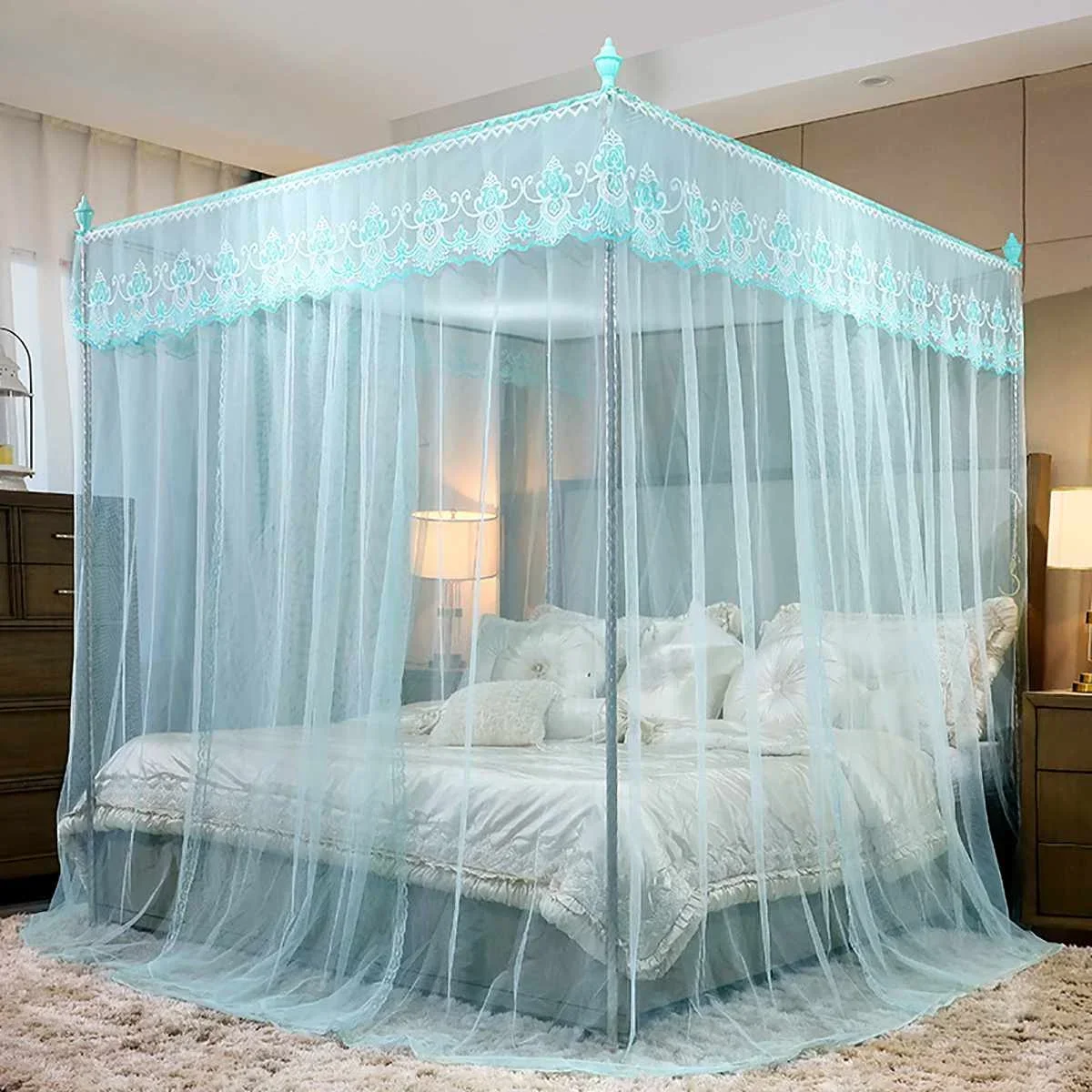 Princess-Canopy-Bed-Curtains-4-Corner-3-Side-Openings-Post-Bed-Curtain ...
