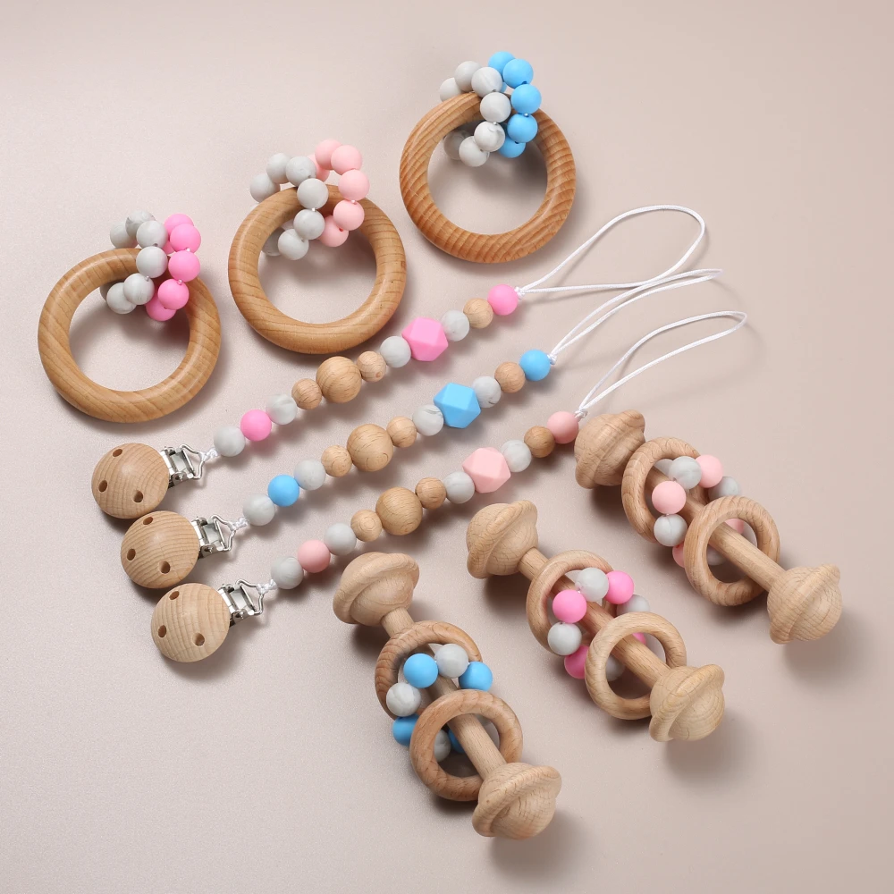 3Pcs-Silicone-Wooden-Baby-Pacifier-Holder-Chain-Bracelets-Rattles-Set ...